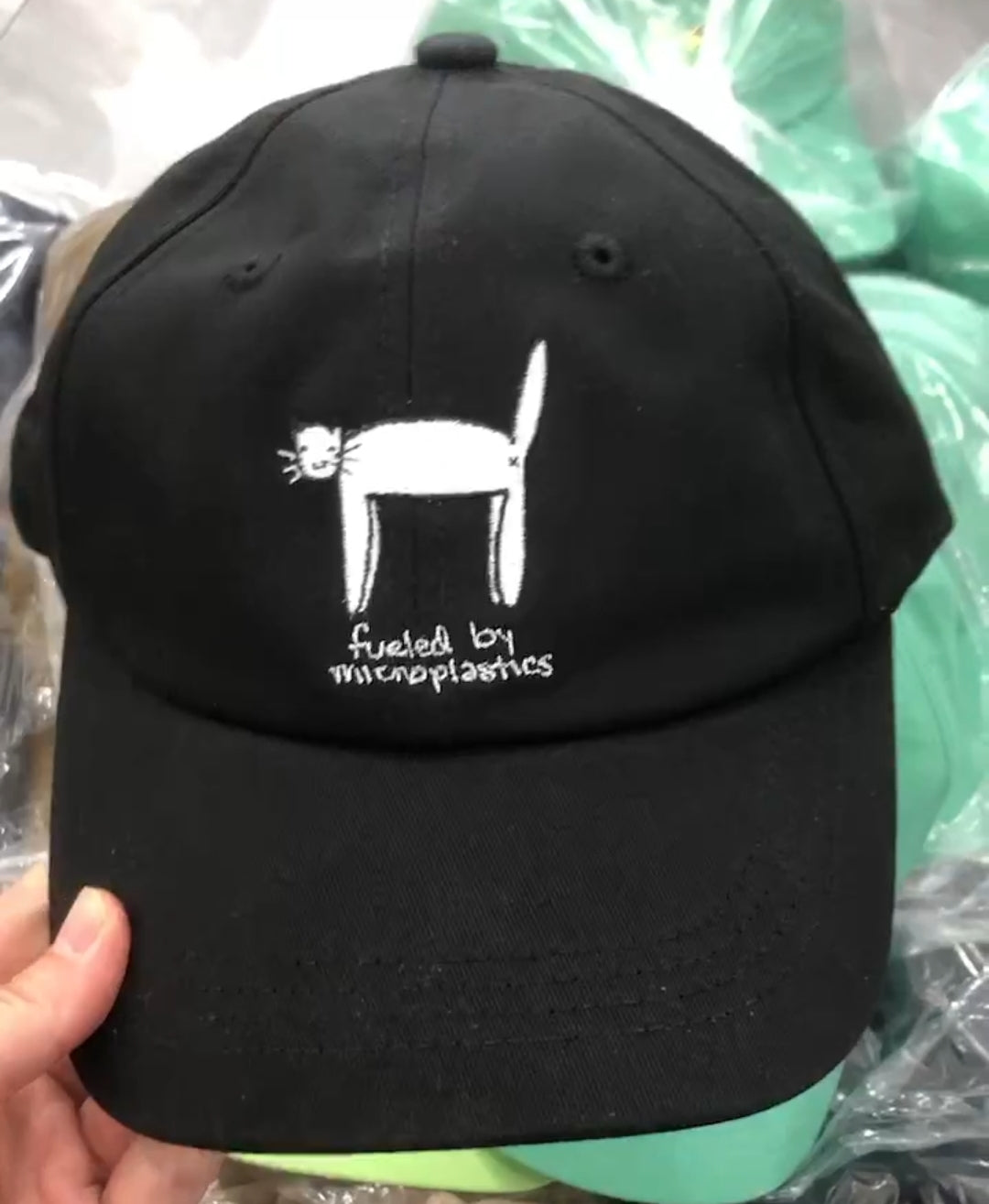 Black and White Microplastics Cat Meme Baseball Dad Hat (Preorder ...